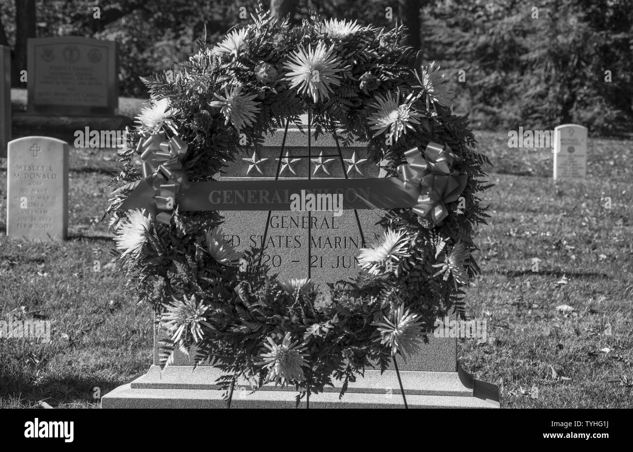 A wreath is displayed at the grave of Gen. Louis H. Wilson, Jr., 26th ...