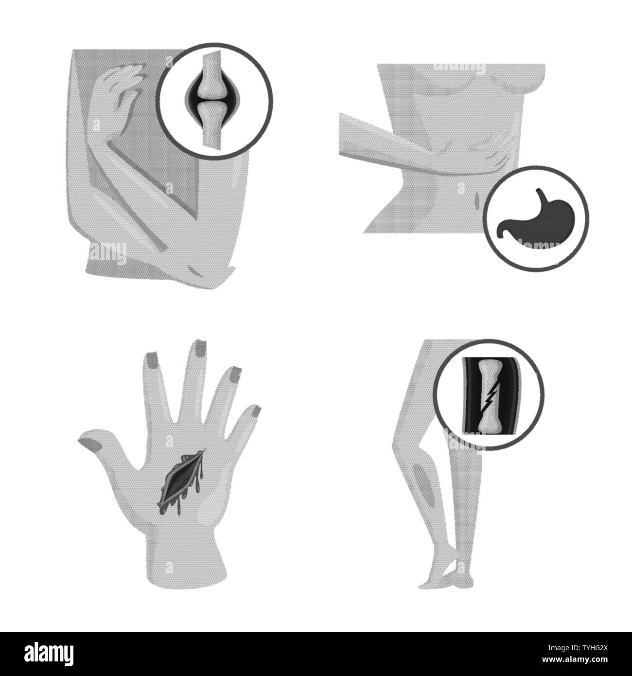 Vector illustration of suffering and injury sign. Set of suffering and ...