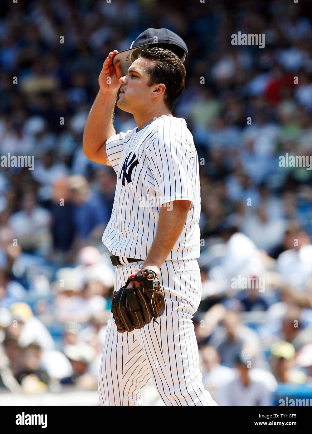 New York Yankees Jaret Wright reacts after throwing a ball in the top ...