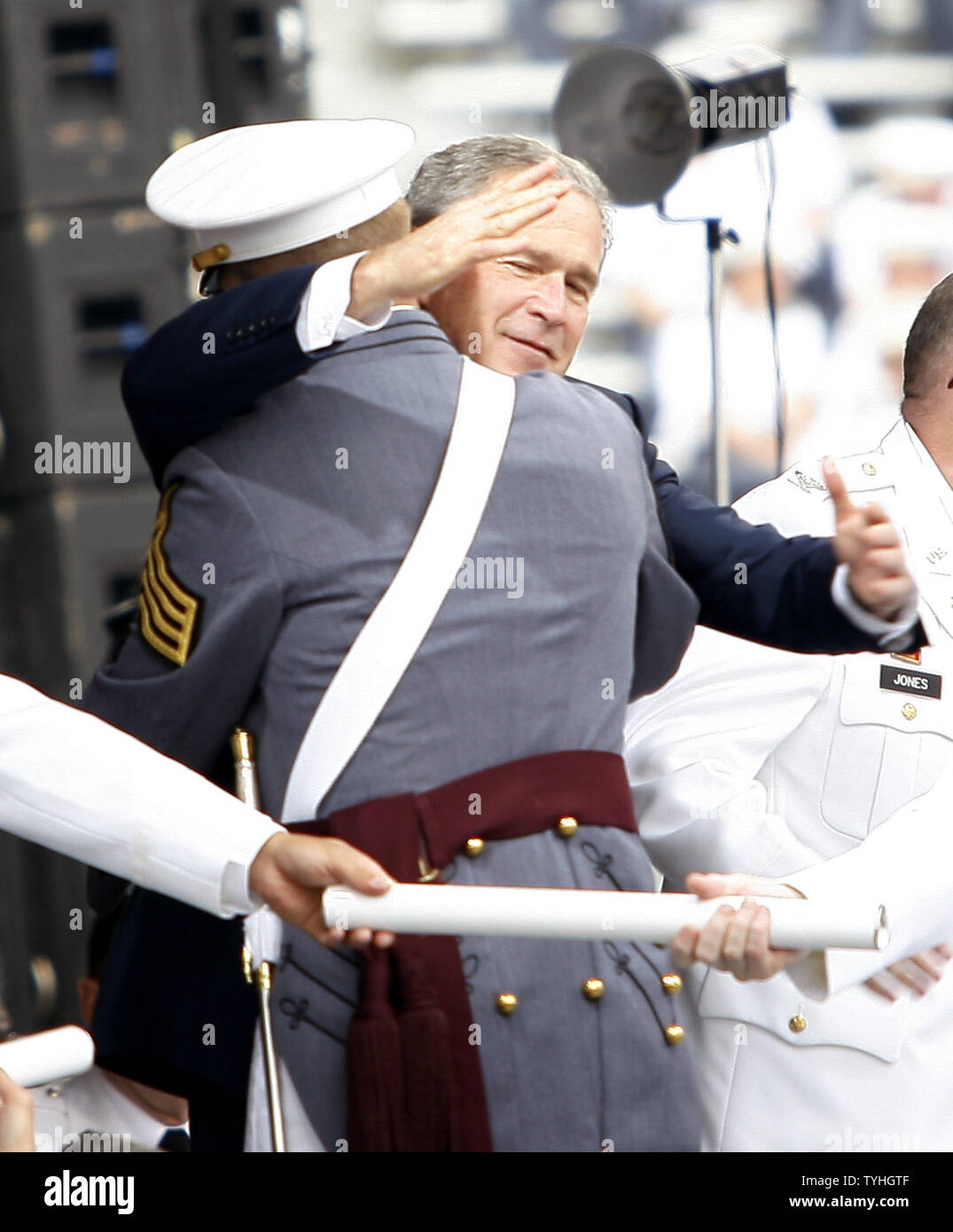 President George W. Bush gives a Cadet a hug at Michie Stadium during ...