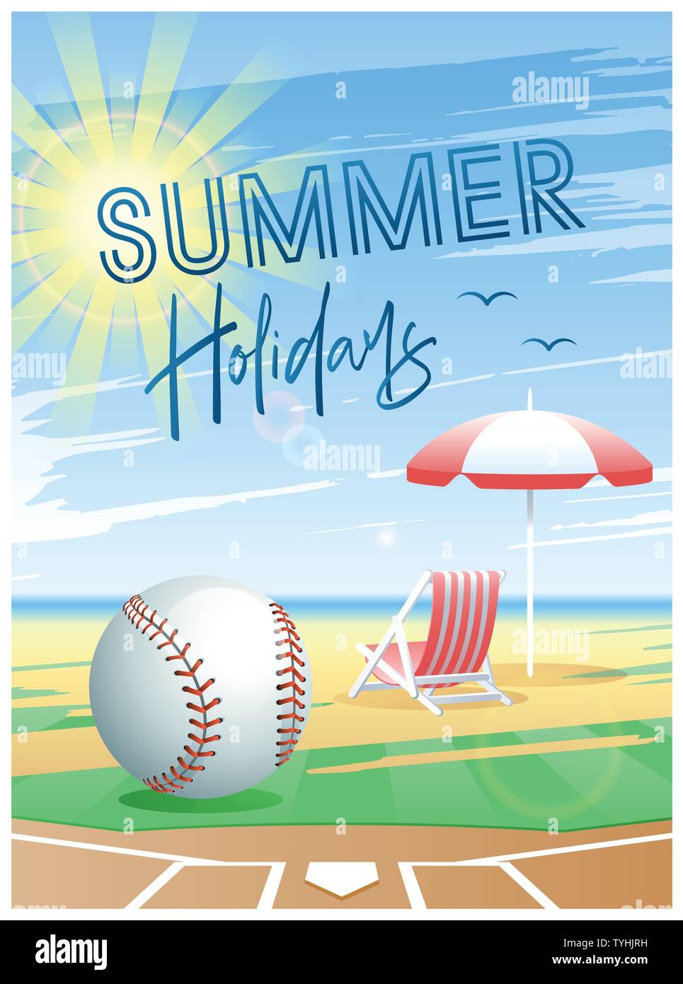 Summer Holidays. Summer Sports card. Baseball ball with deck chair and ...