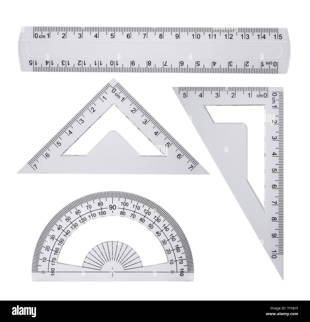Plastic ruler, protractor triangle isolated on white background Stock ...