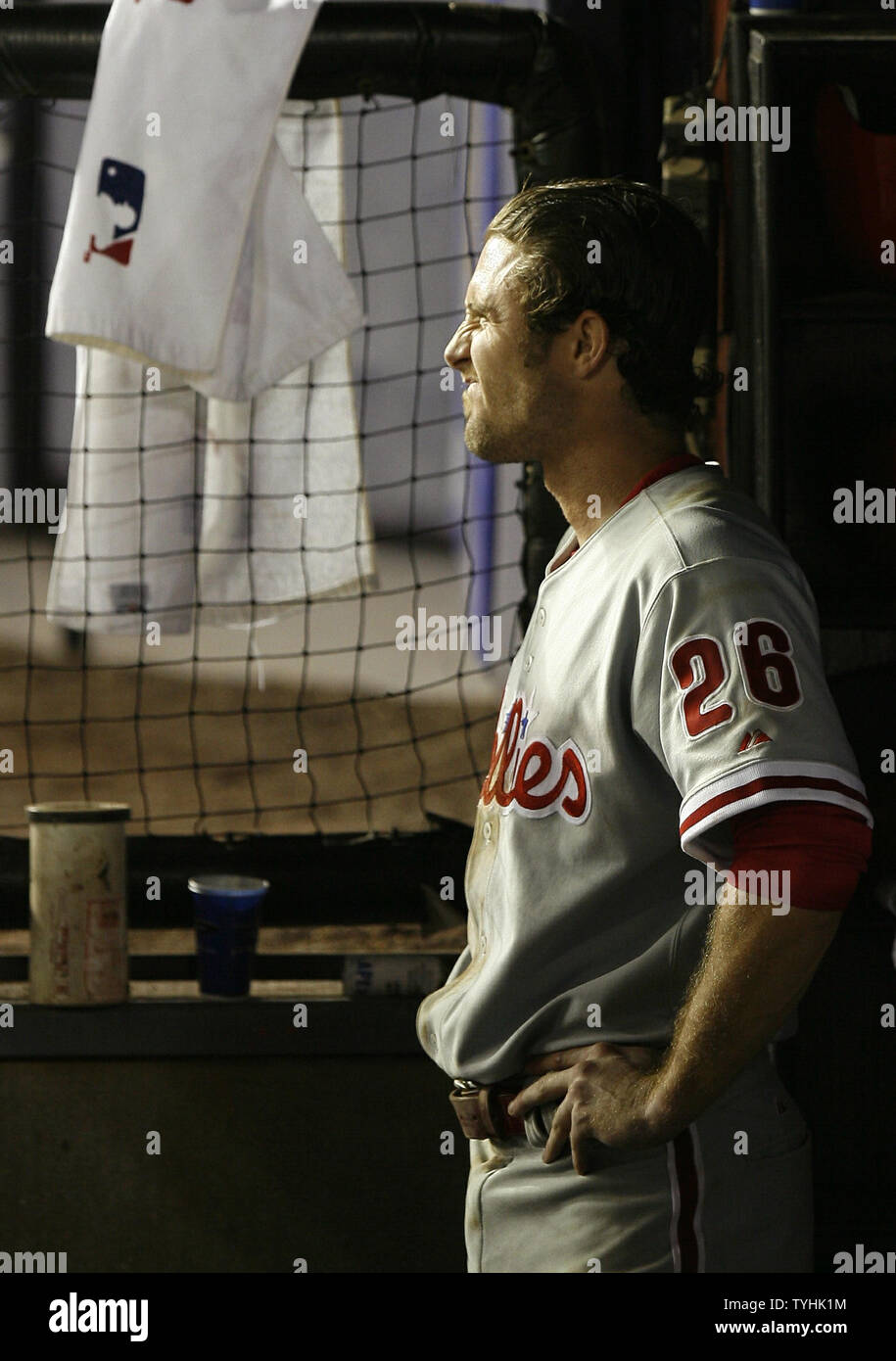 Philadelphia Phillies Chase Utley reacts in the dugout in the 9th ...