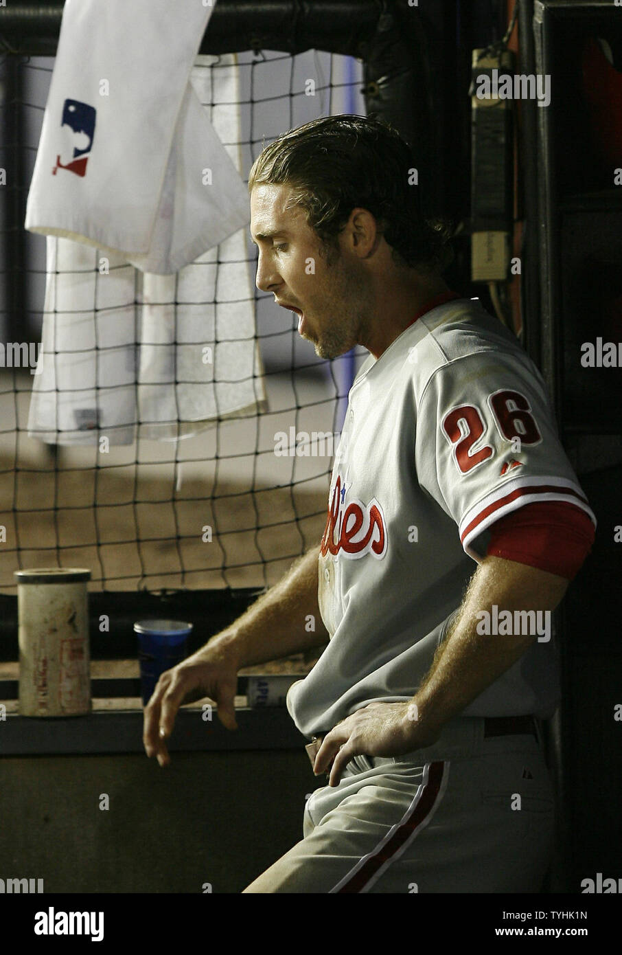 Philadelphia Phillies Chase Utley reacts in the dugout in the 9th ...