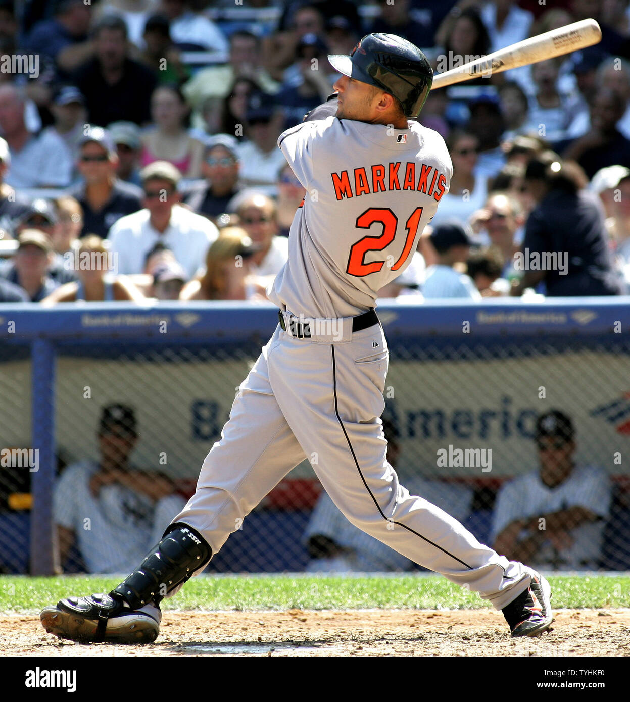 Nick Markakis of the Baltimore Orioles hits a three-run homer off of ...