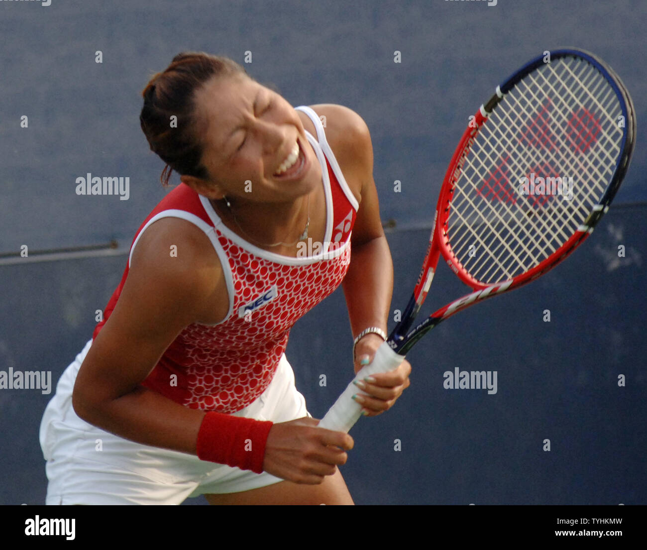 Shinobu Asagoe (Japan) reacts during her first round match against ...