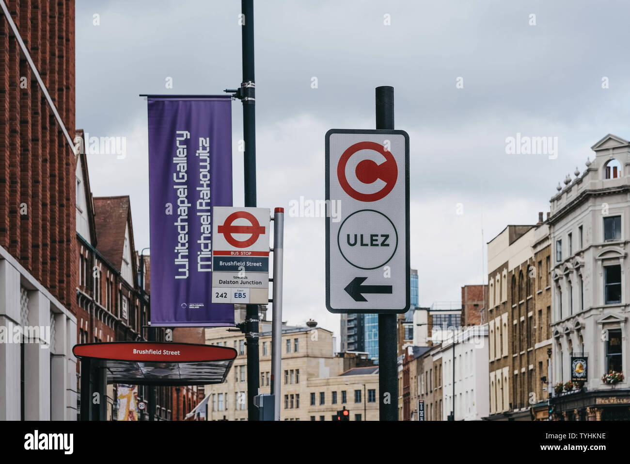 London, UK - June 15, 2019: Signs indicating the direction of Ultra Low ...