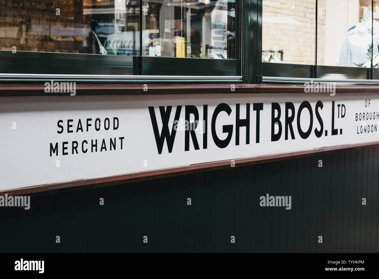 London, UK - June 15, 2019: Close up of Wright Bros seafood merchant ...