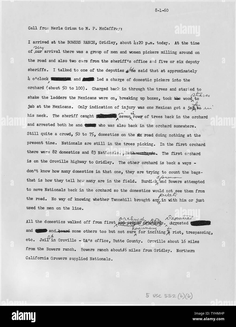 Report of telephone call from Merle Grimm to M.P. McCaffrey, concerning ...