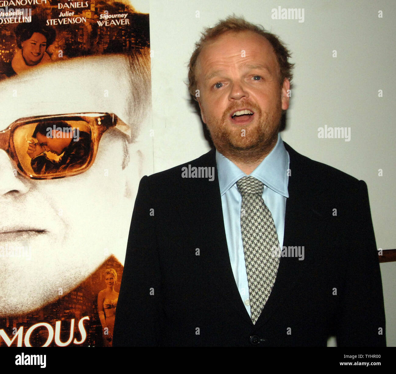 Actor Toby Jones reacts to his film poster showing him as author Truman ...