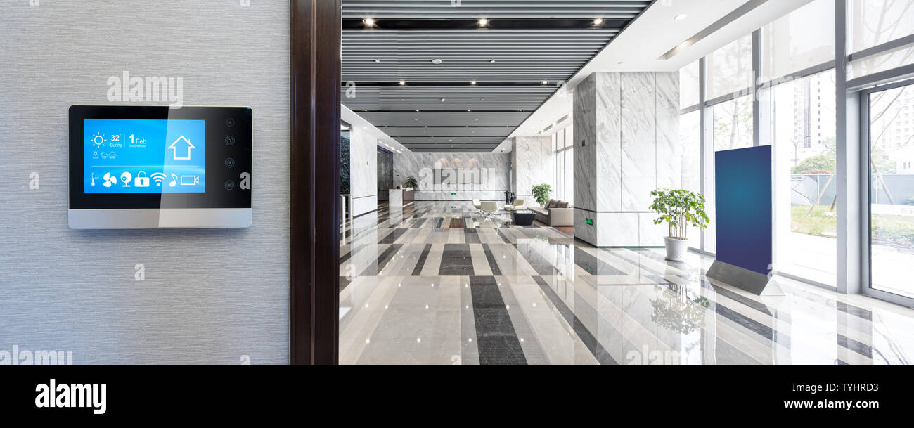 smart screen on wall with spacious hall in modern office building Stock ...