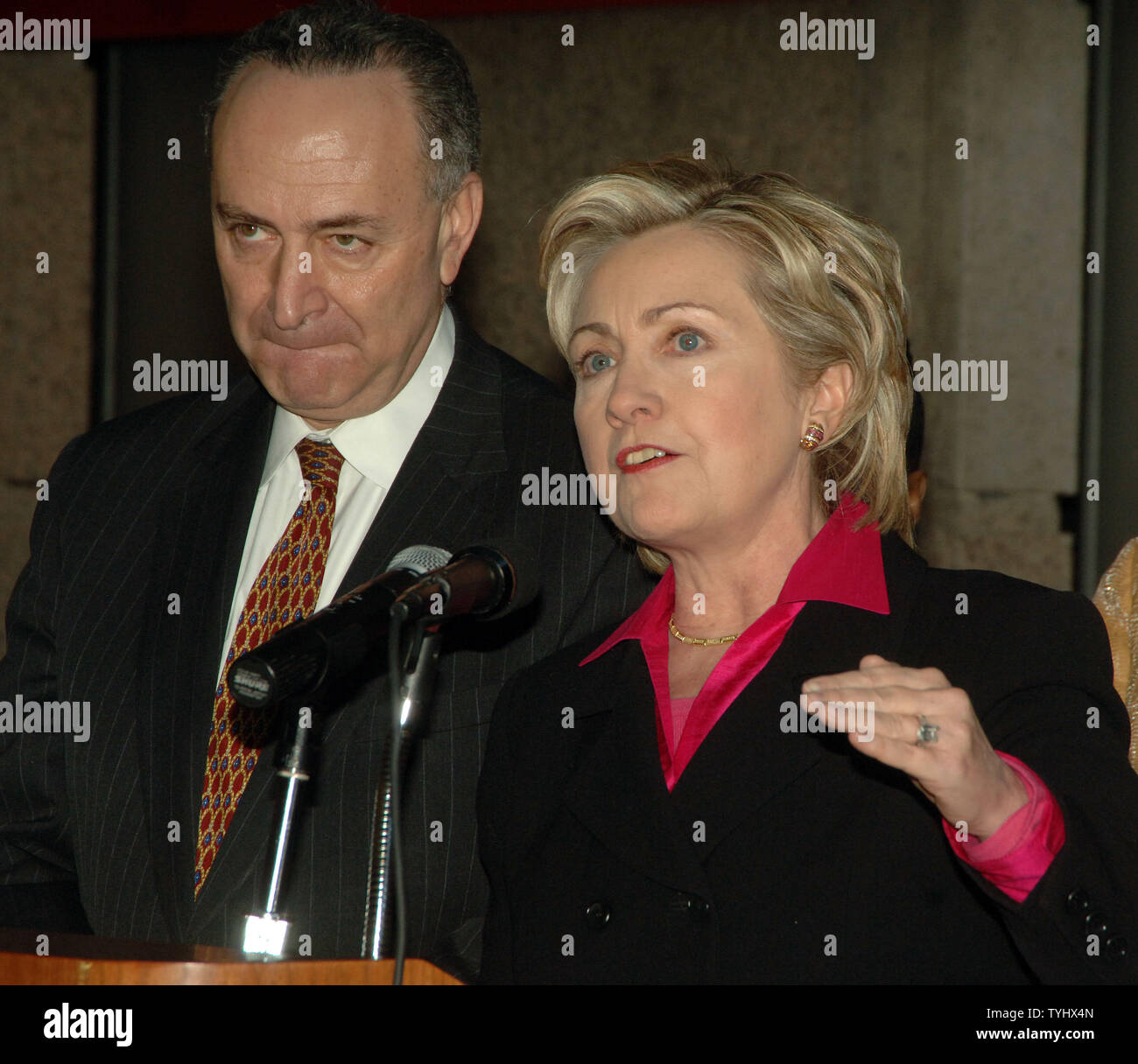 New York Senators Charles Schumer and Hillary Rodham Clinton attend a ...