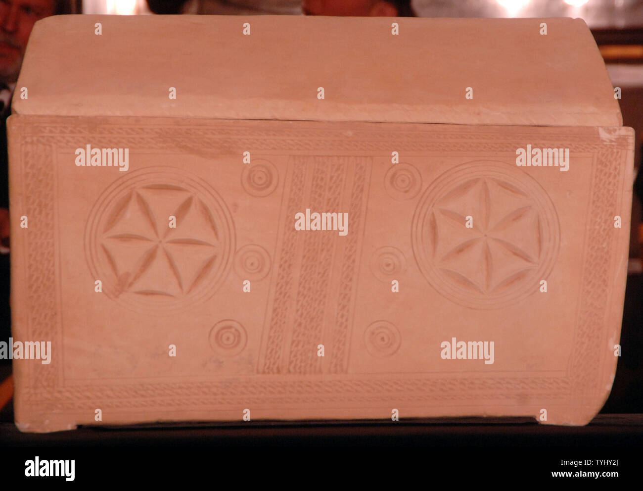 The New York media surround one of two ossuary (bone boxes) that ...