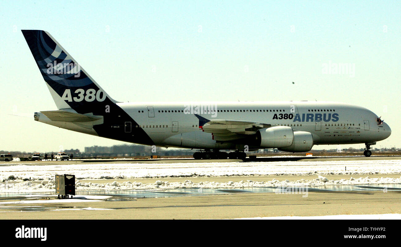 The Lufthansa Airbus A380 taxis down as runway at JFK International ...