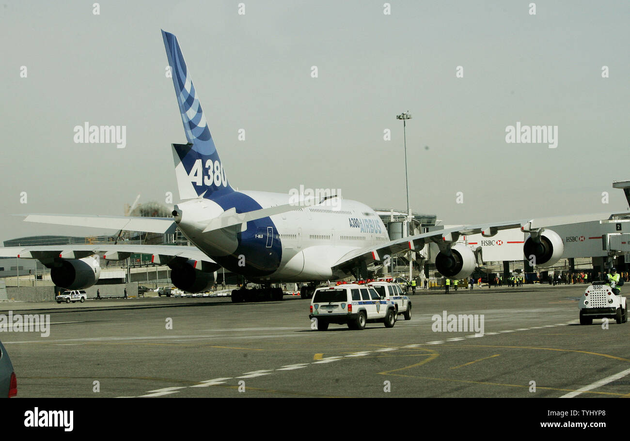 The Lufthansa Airbus A380 is parked at a terminal at JFK International ...