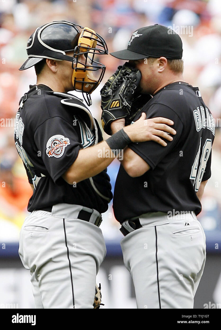 Florida Marlins Matt Treanor (L) and Anibal Sanchez have a conversation ...