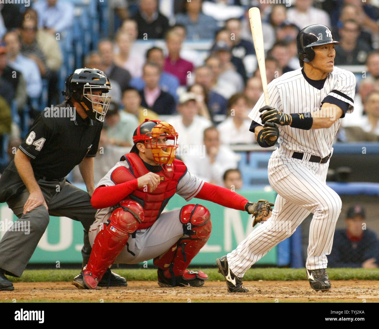New York Yankees' Hideki Matsui watches his ground ball to second end ...