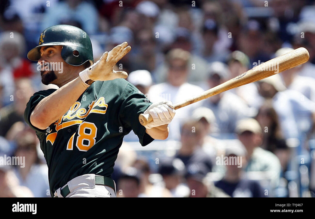 Oakland A'S Jason Kendall hits a single off of New York Yankees relief ...