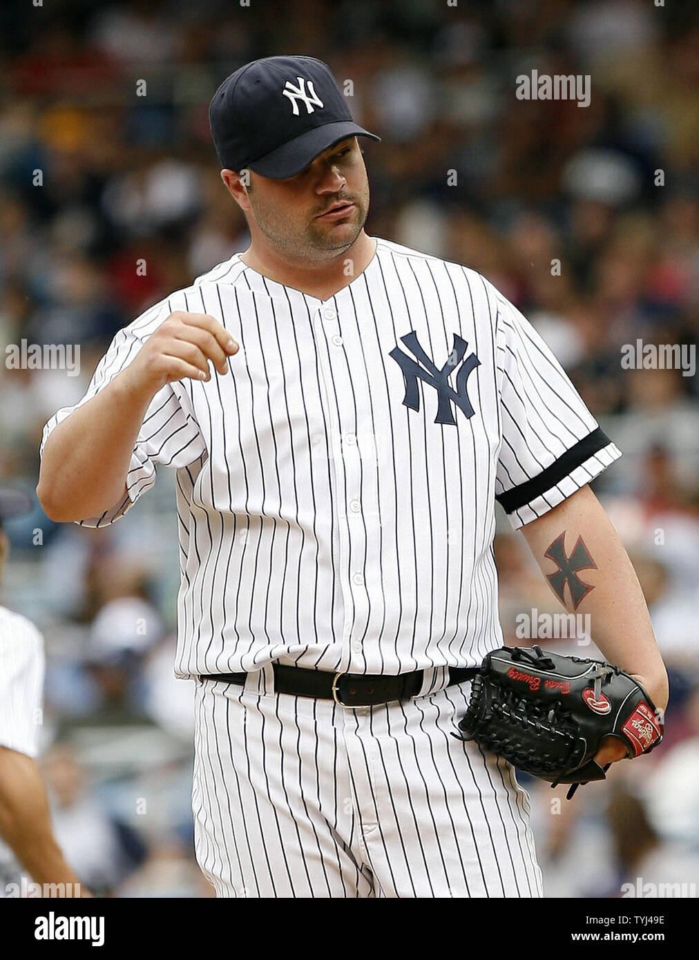 New York Yankees relief pitcher Brian Bruney reacts after giving up a ...