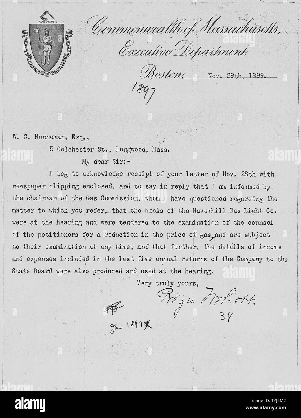 Roger Wolcott Letter to W. C. Hunneman; Scope and content: Letter of ...