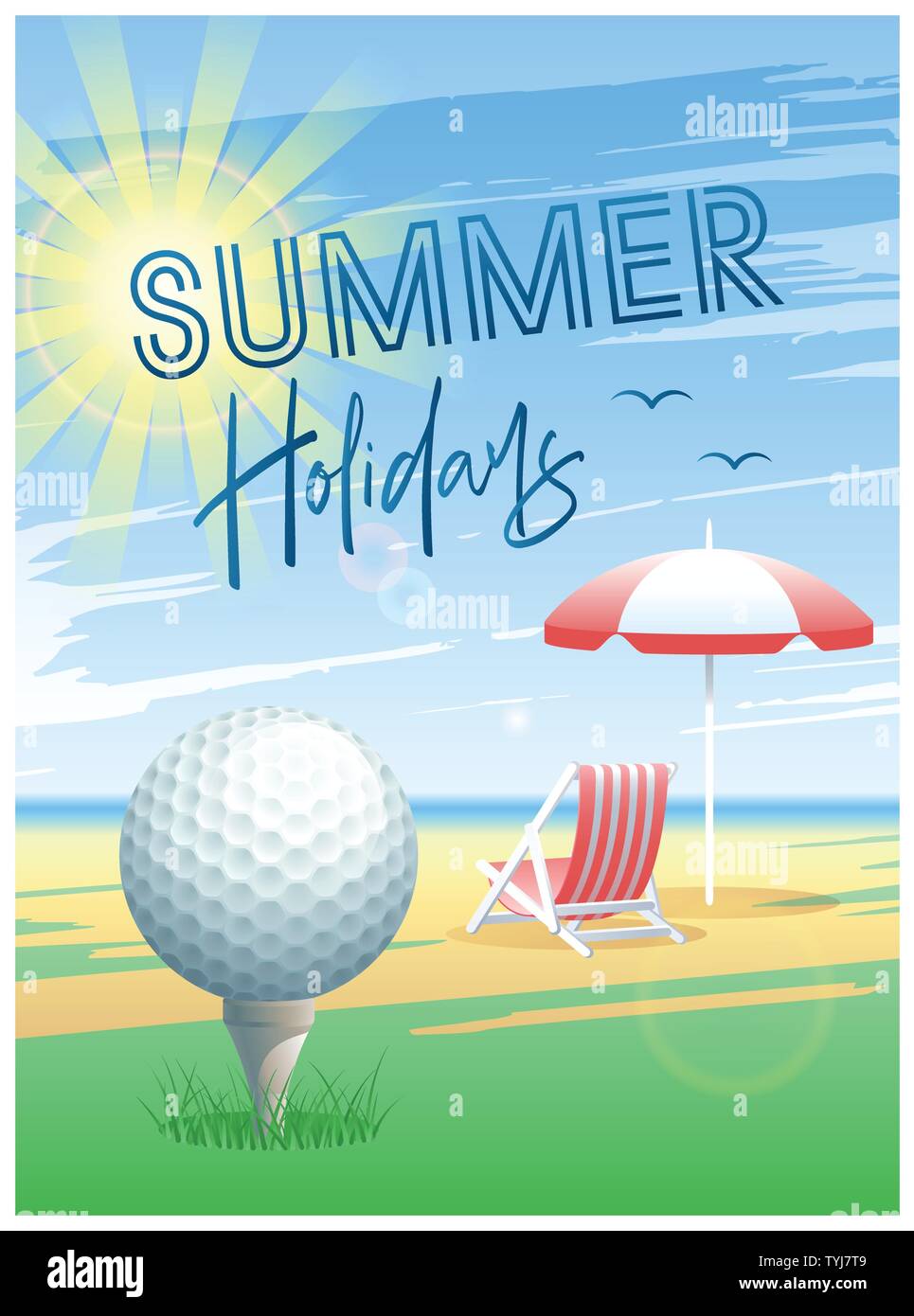 Summer Holidays. Sports card. Golf ball with deck chair and beach ...