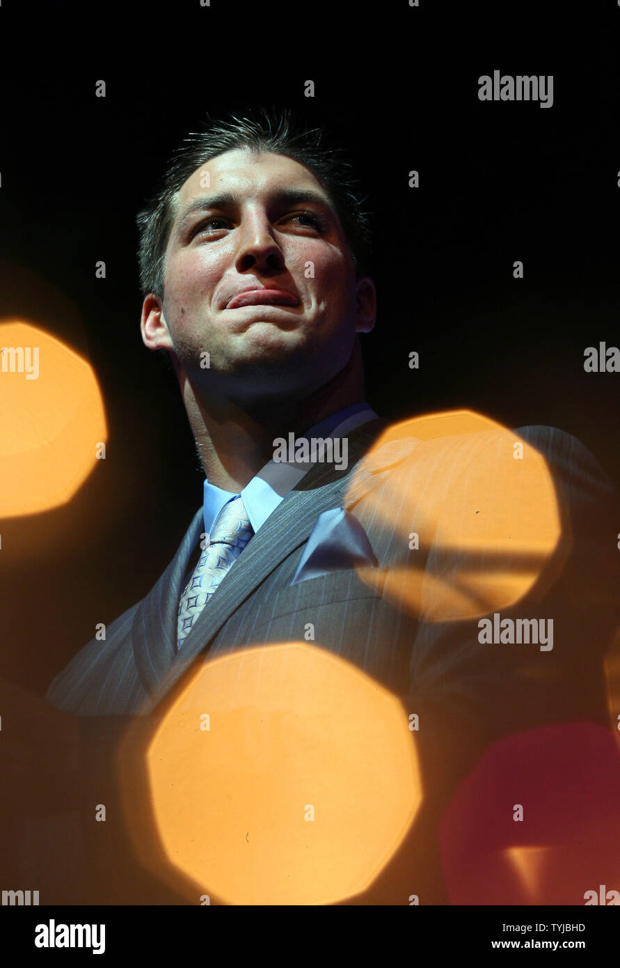 University of Florida quarterback, Tim Tebow, looks out at the media at ...