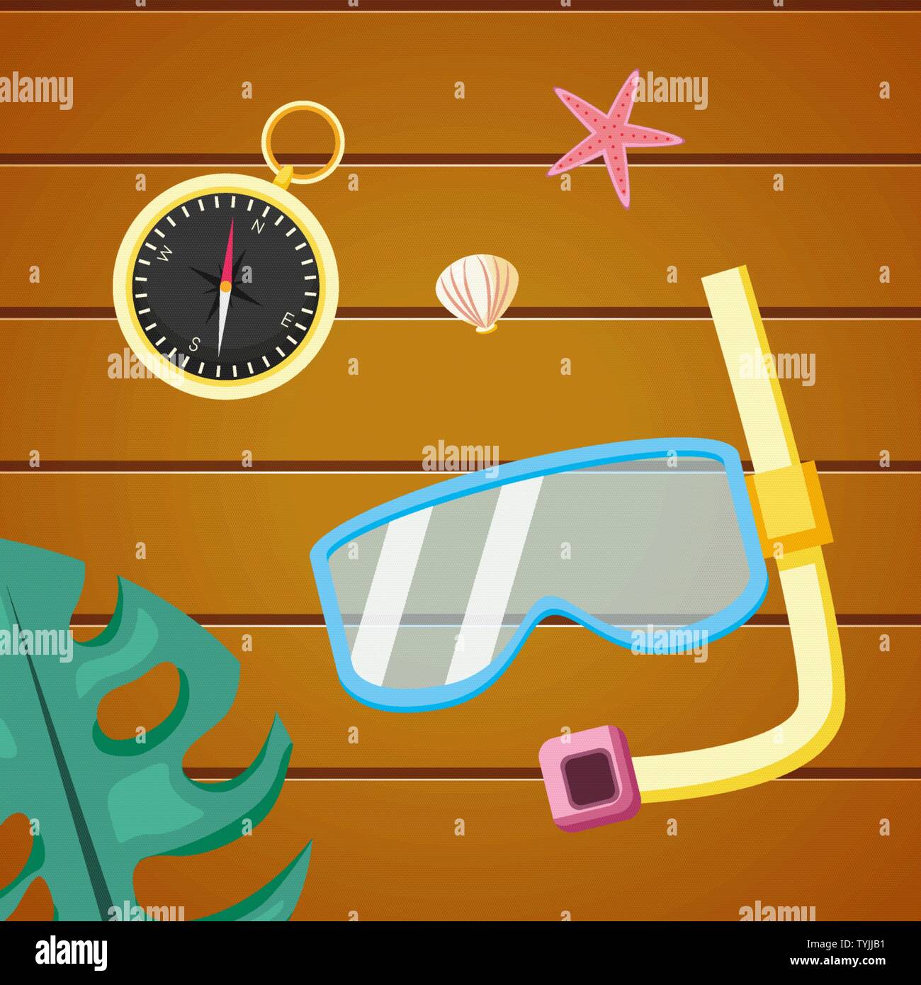 summer time holiday snorkel compass leaf on wooden background vector ...