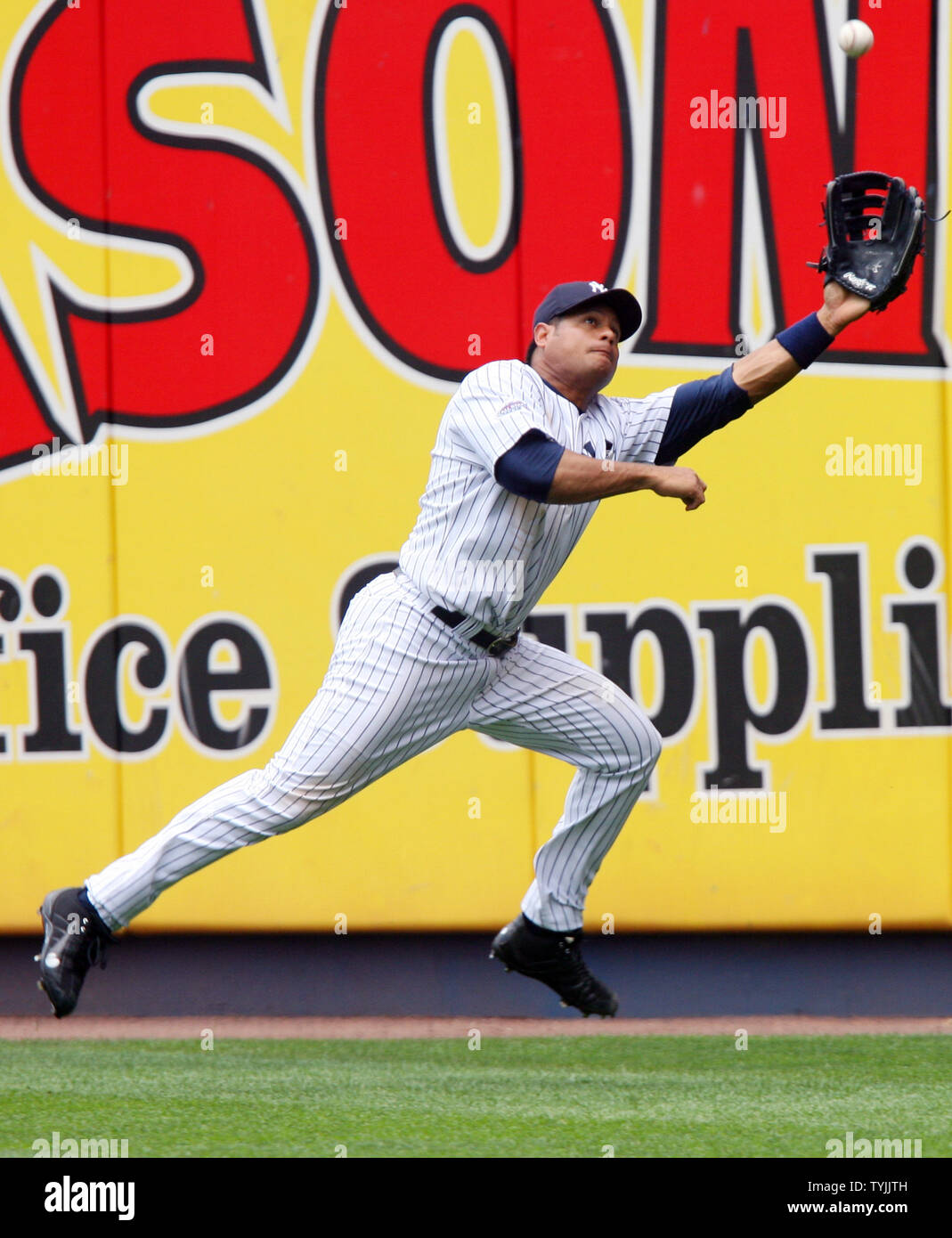 New York Yankees Bobby Abreu makes a leaping catch in the third inning ...