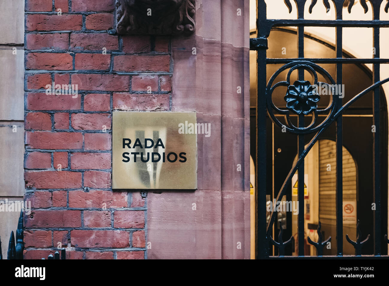 London, UK - June 5, 2019: Sign outside Rada Studios, a theatrical ...