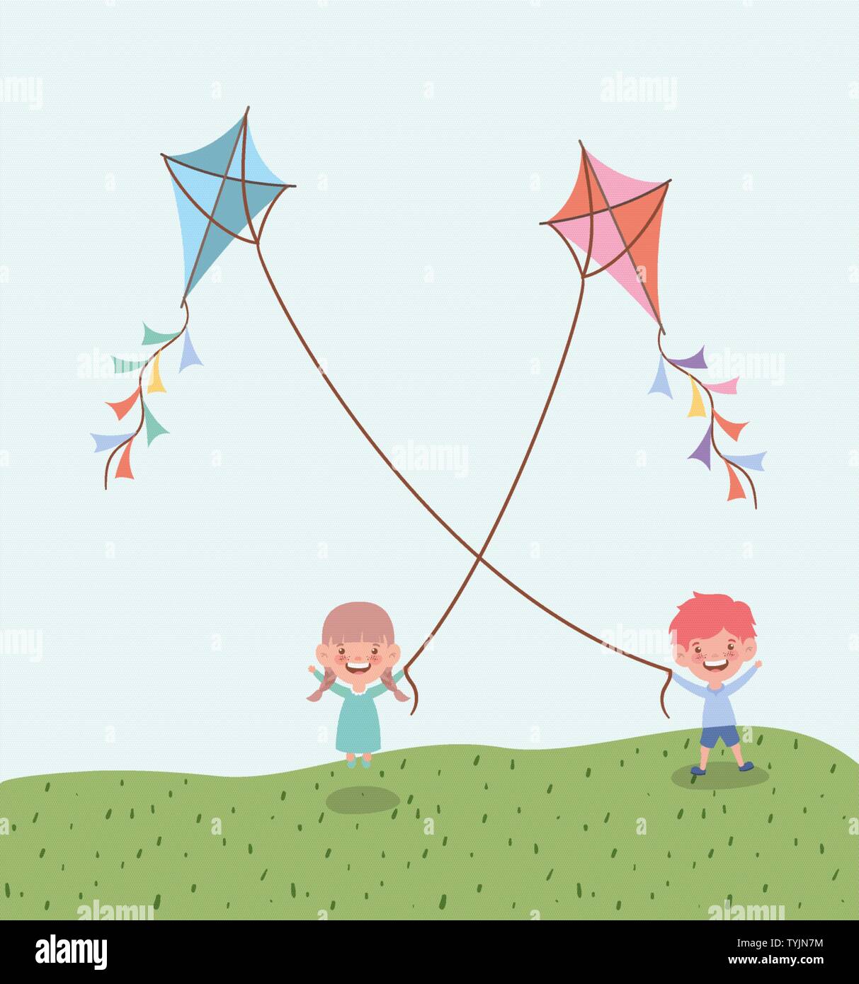 happy little kids flying kites in the field landscape Stock Vector ...