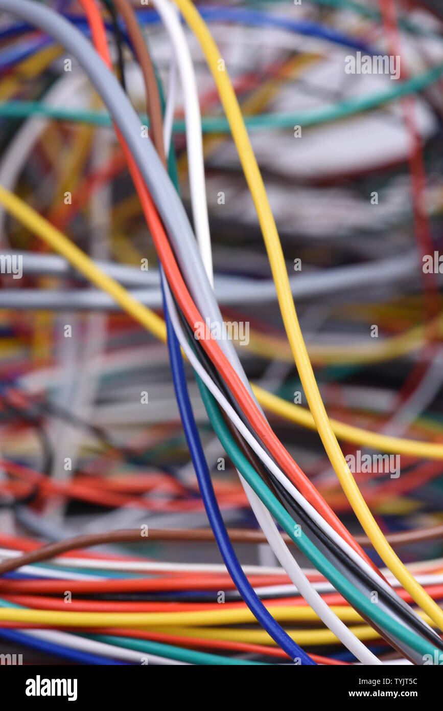 Closeup of electric cable and wire in computer network systems with ...
