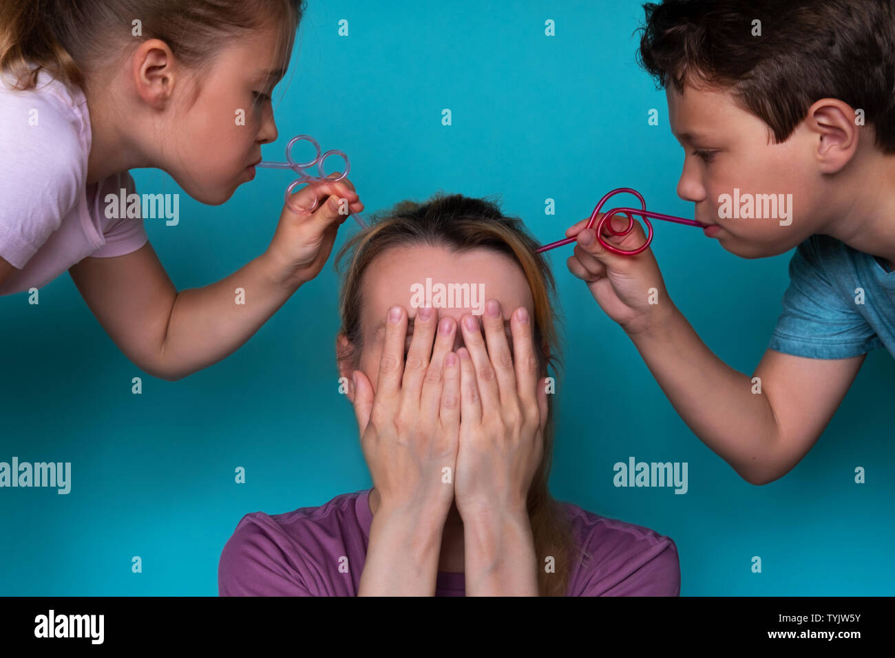 Tiredness from children. Daughter and son suck dad's brain using ...