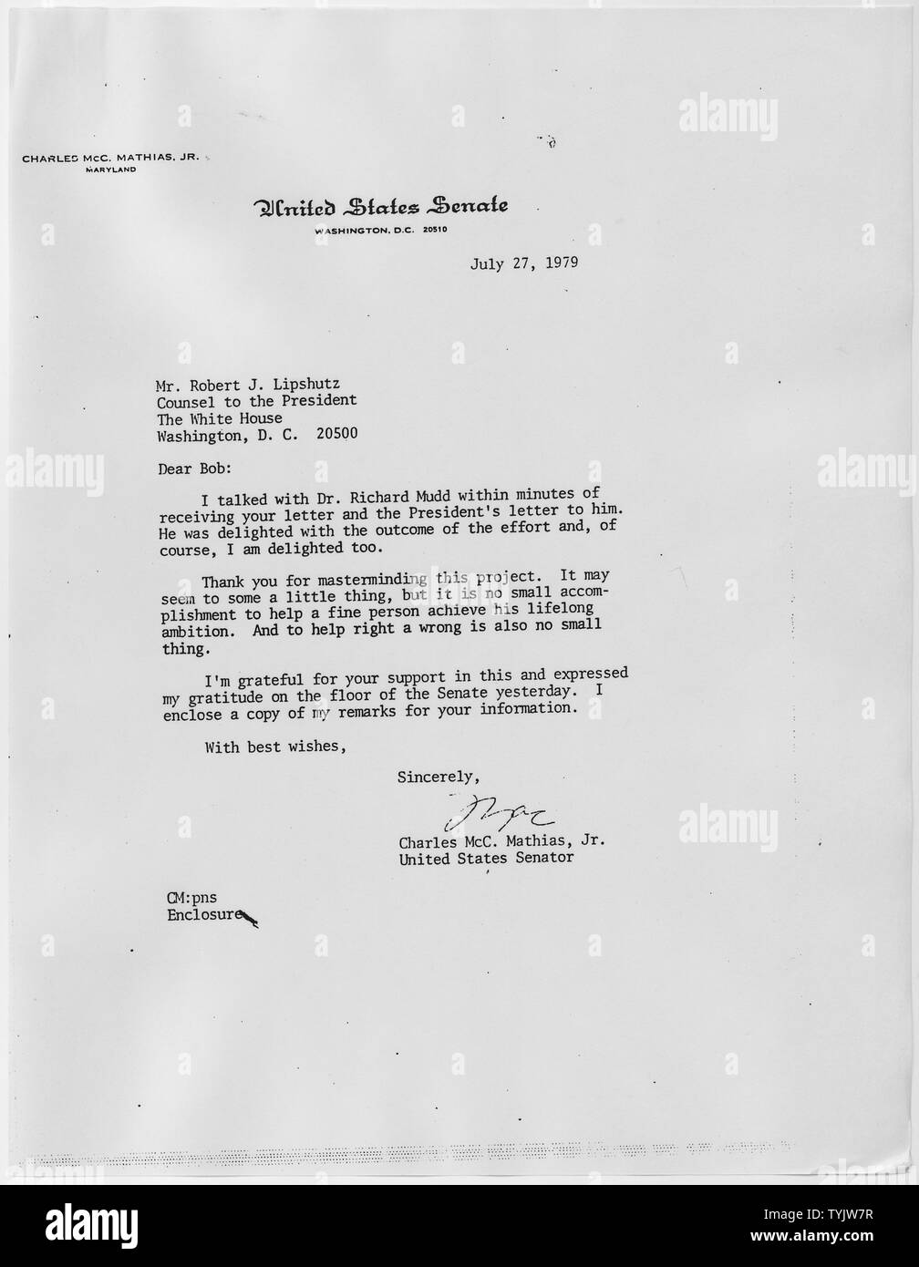Sen. Charles Mathias to Lipshutz Stock Photo - Alamy