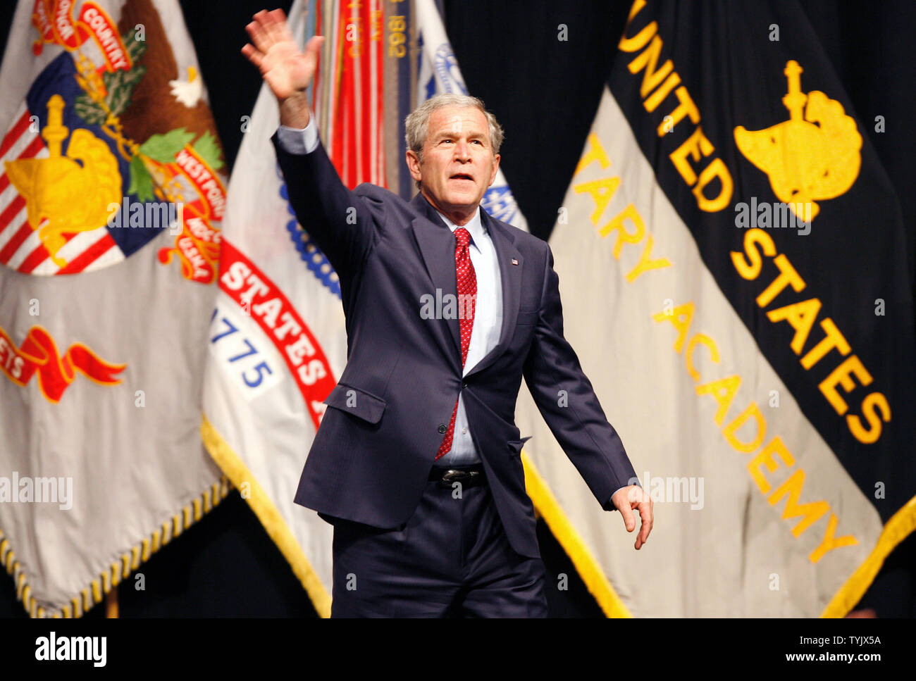 President George W. Bush waves to the cadets after speaking at the West ...