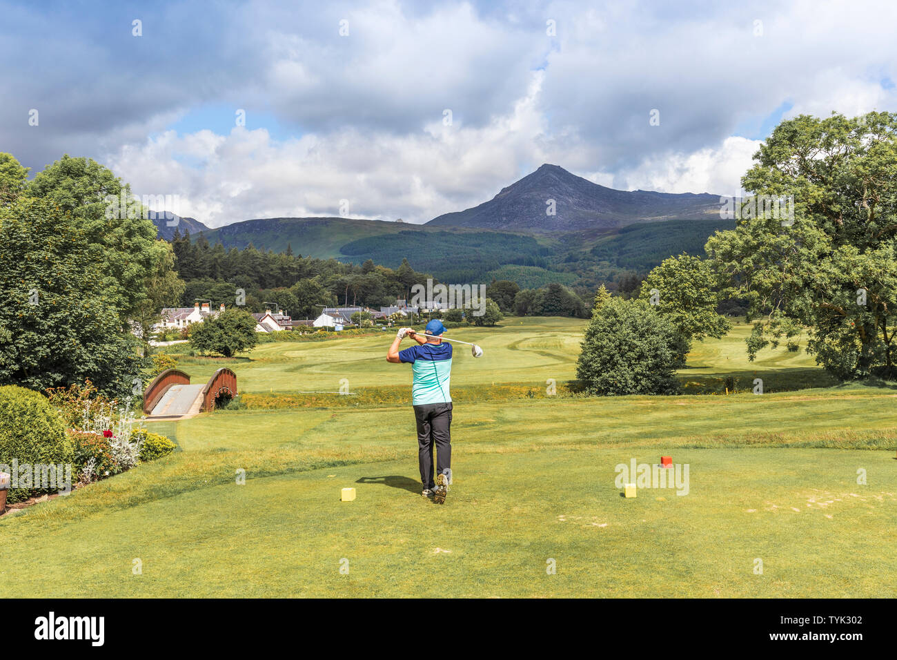 Golfer on the first tee at Brodick Golf Club, Brodick, isle of Arran ...