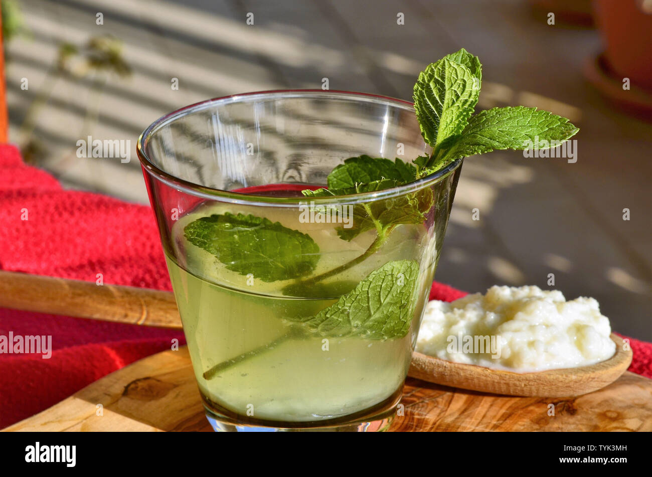 Water kefir drink with fresh mint leaves. Probiotic drink without dairy ...
