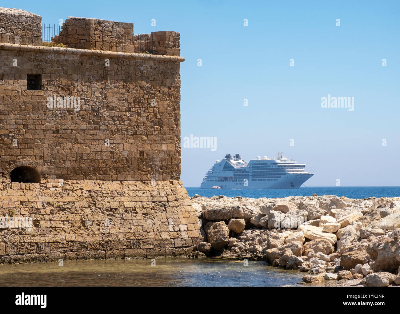 Paphos, Cyprus. A view of the Paphos Castle and the Seabourn Encore ...