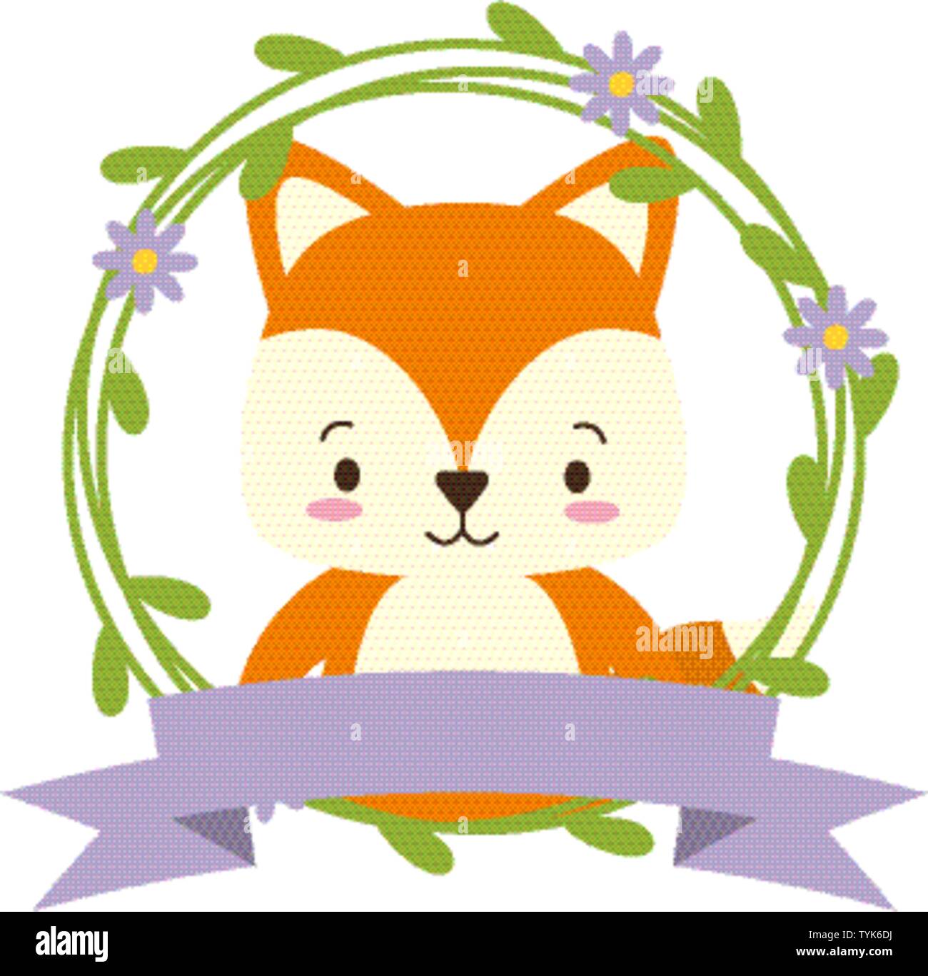 cute fox cartoon sticker flowers vector illustration design Stock ...