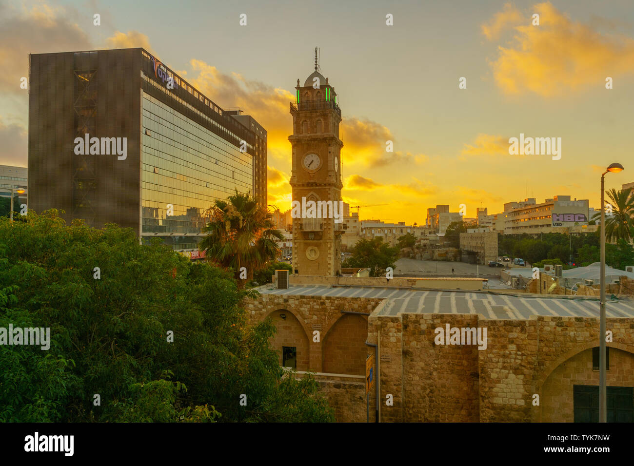 Haifa, Israel - June 24, 2019: Sunset view of the downtown, with the ...