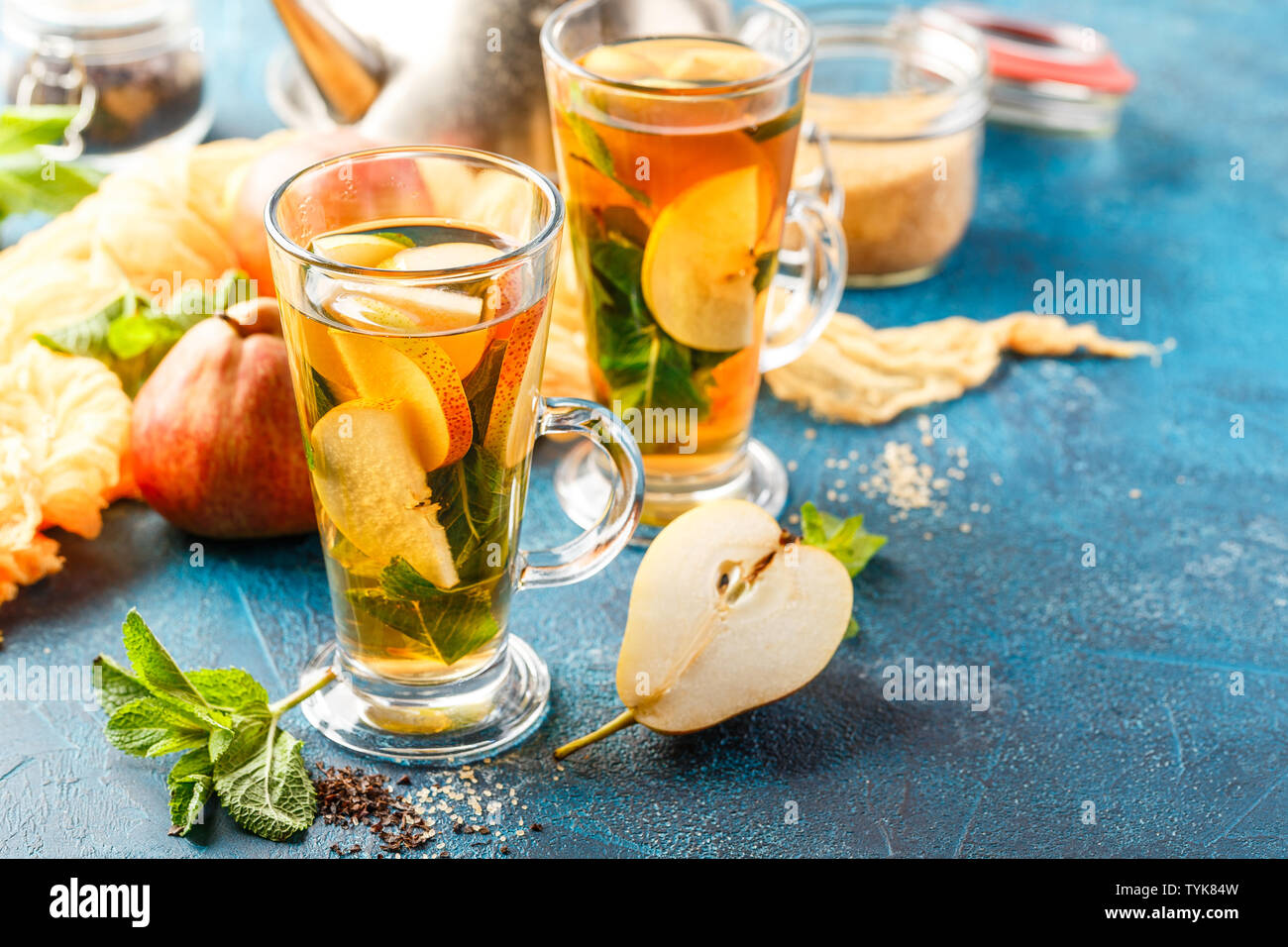 Hot fruit tea with ripe pears and mint, delicious and aromatic Stock ...