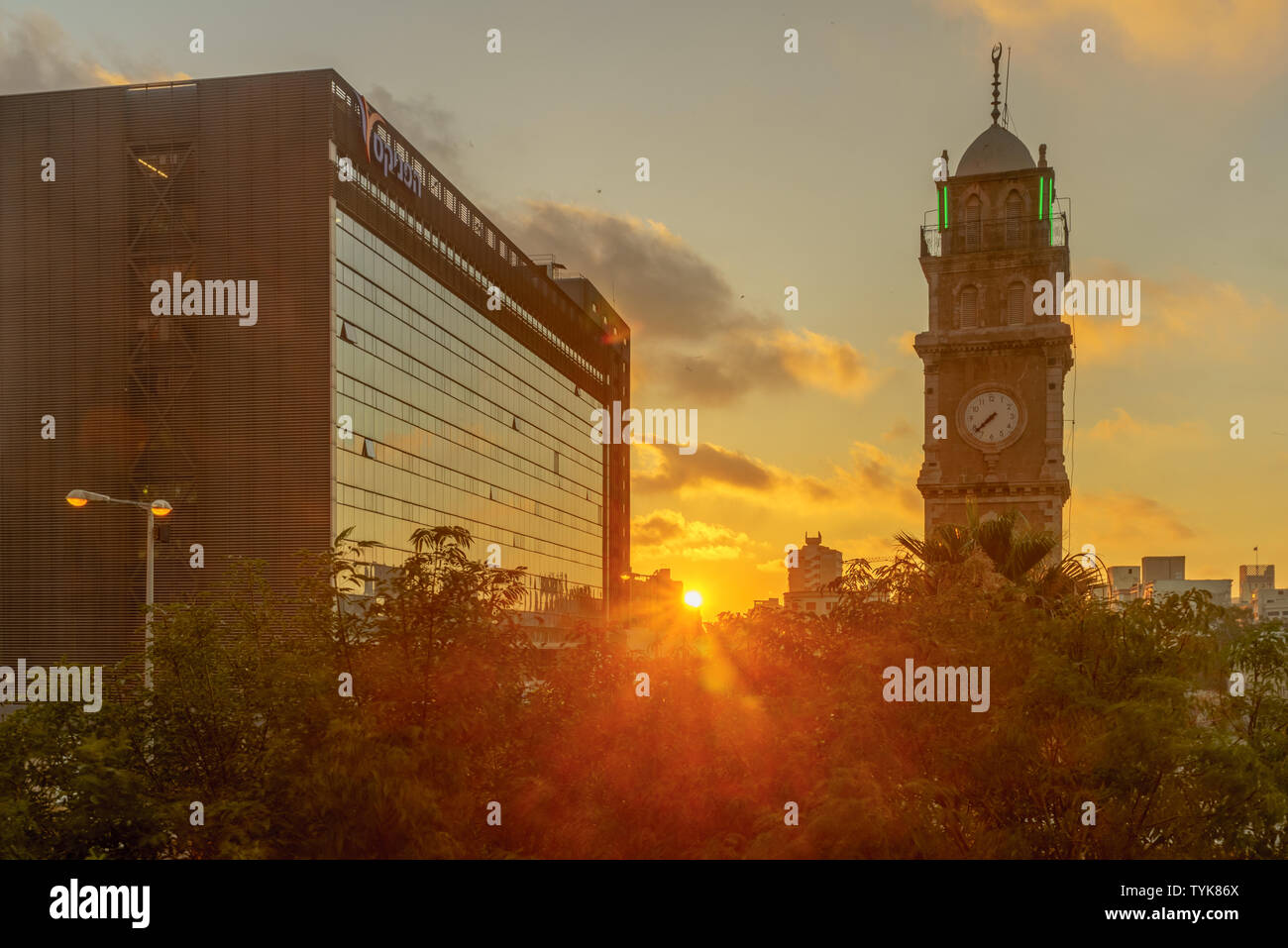 Haifa, Israel - June 24, 2019: Sunset view of the downtown, with the ...