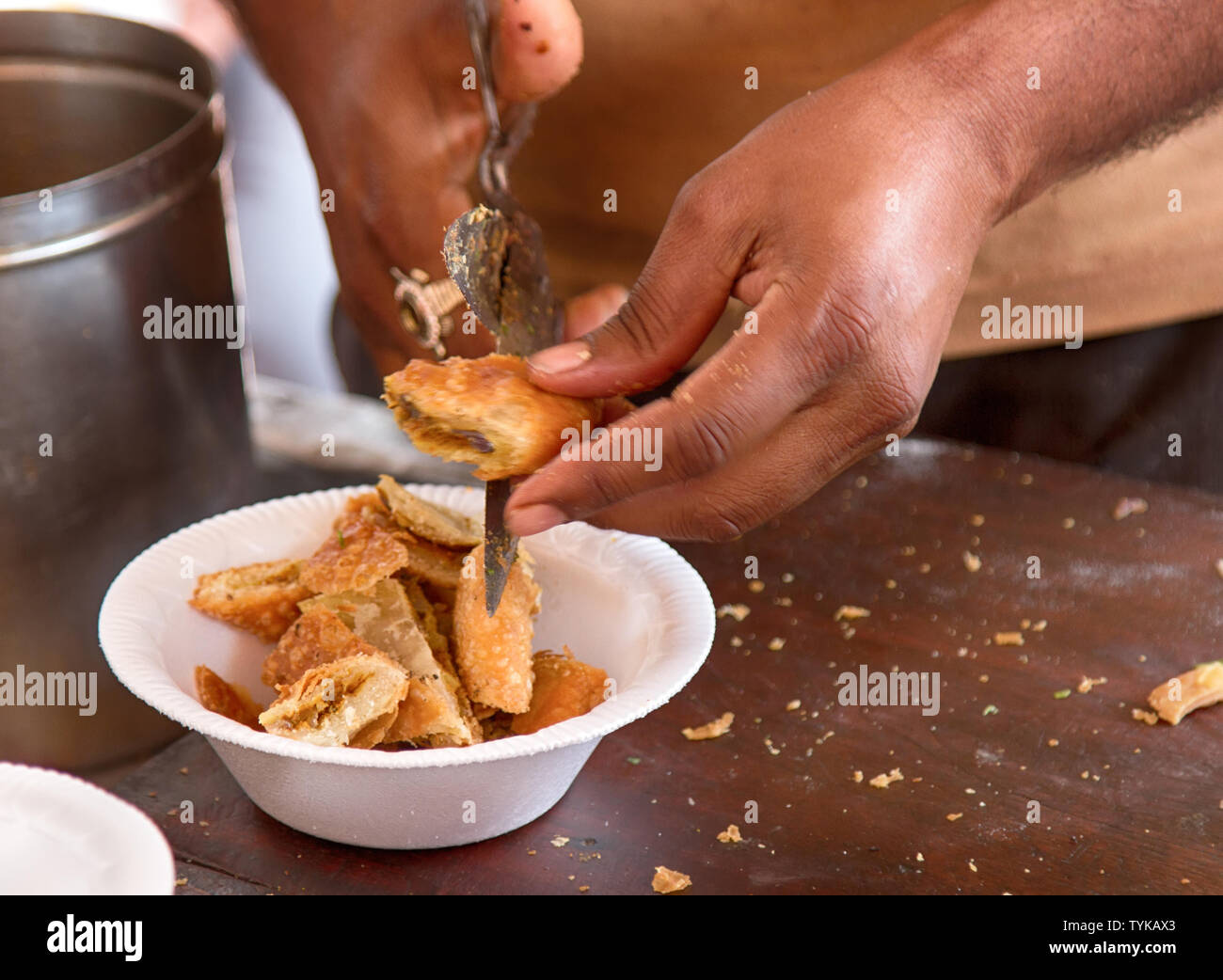 Cooking and dishes from street cafes in India. Indian casual kitchen ...