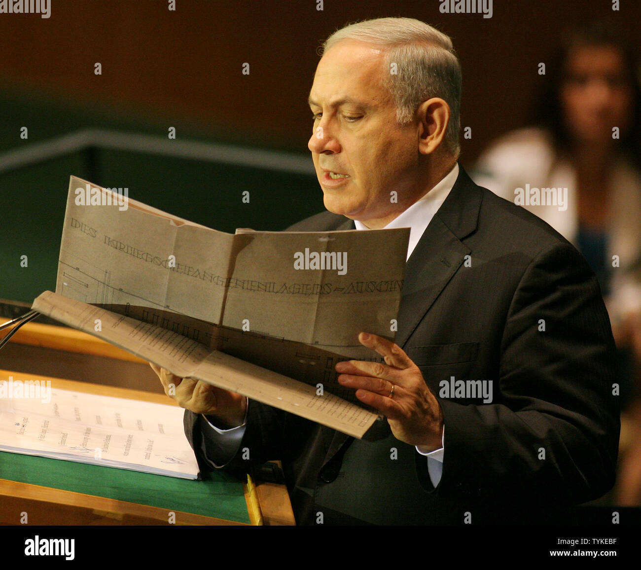 Israel Prime Minister Benjamin Netanyahu shows a document of a Nazi ...