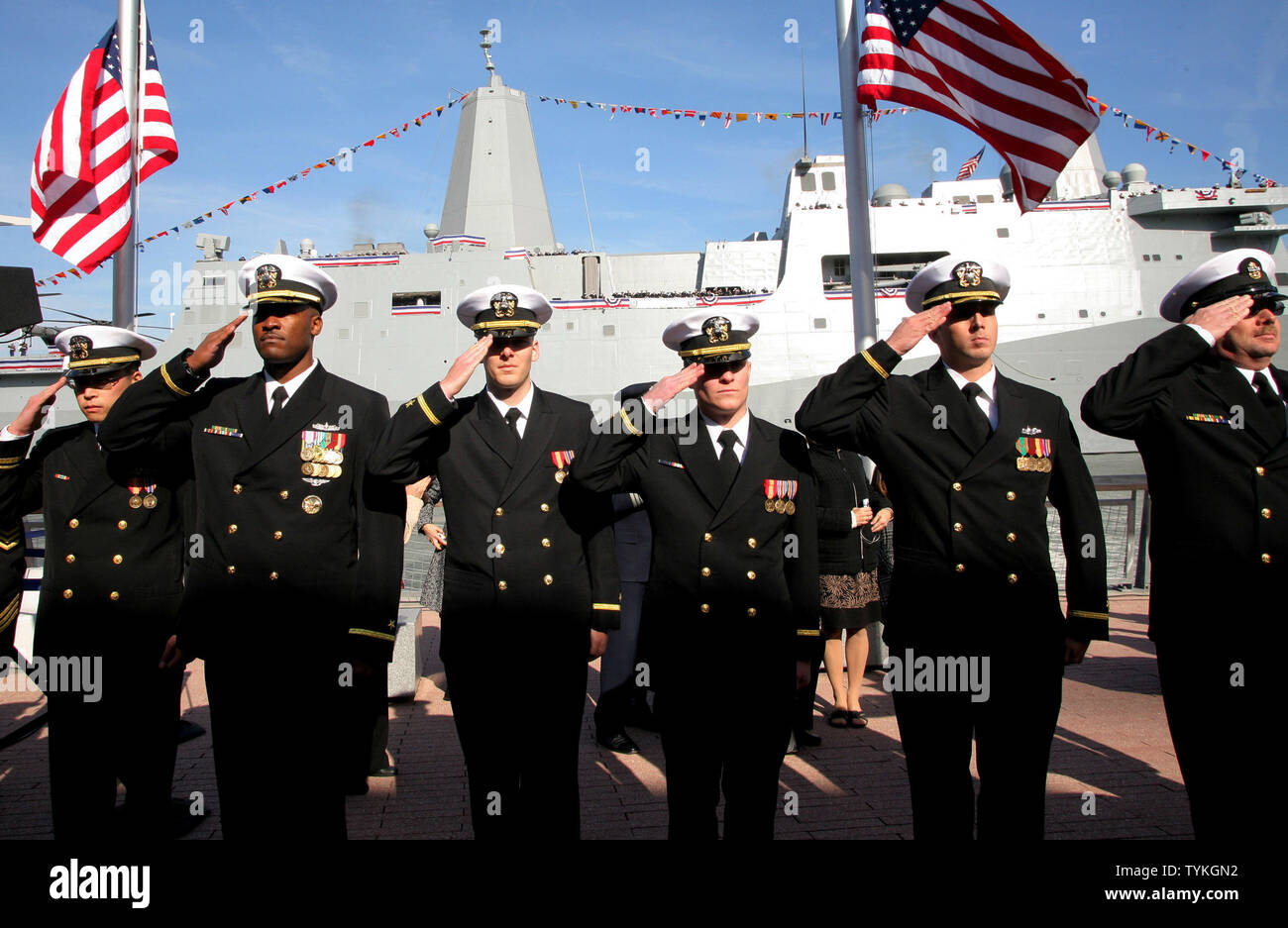 Navy personal salute during the commissioning ceremony for the USS New ...