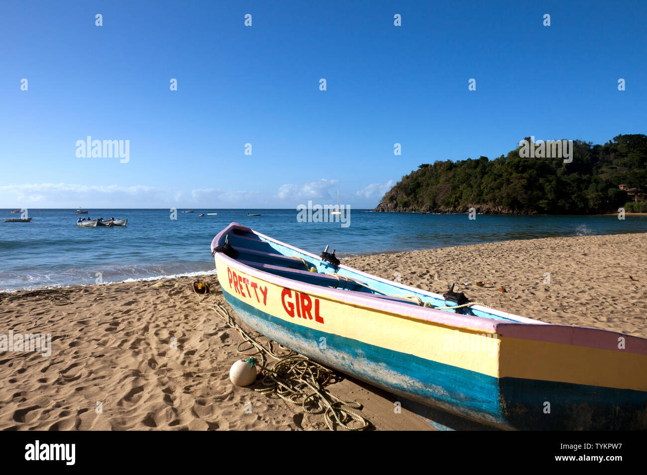 Brightly Painted Boat on the Beach, Castara Bay, Tobago Stock Photo - Alamy