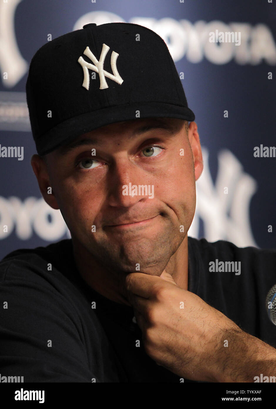 Derek Jeter speaks to the media before the New York Yankees play the ...
