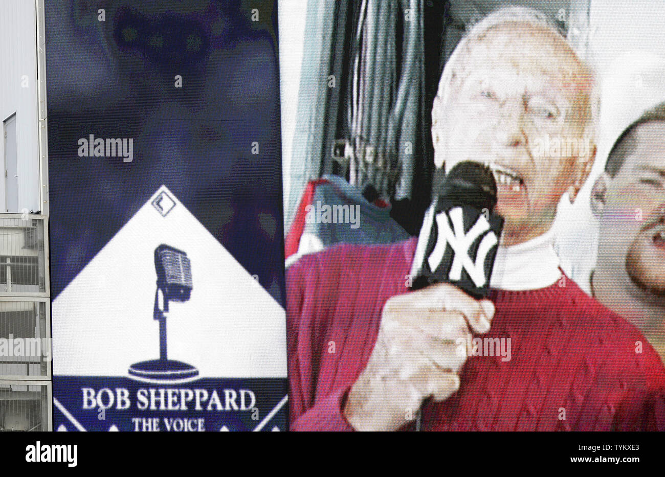 A video of Bob Sheppard singing is played for the fans between innings ...