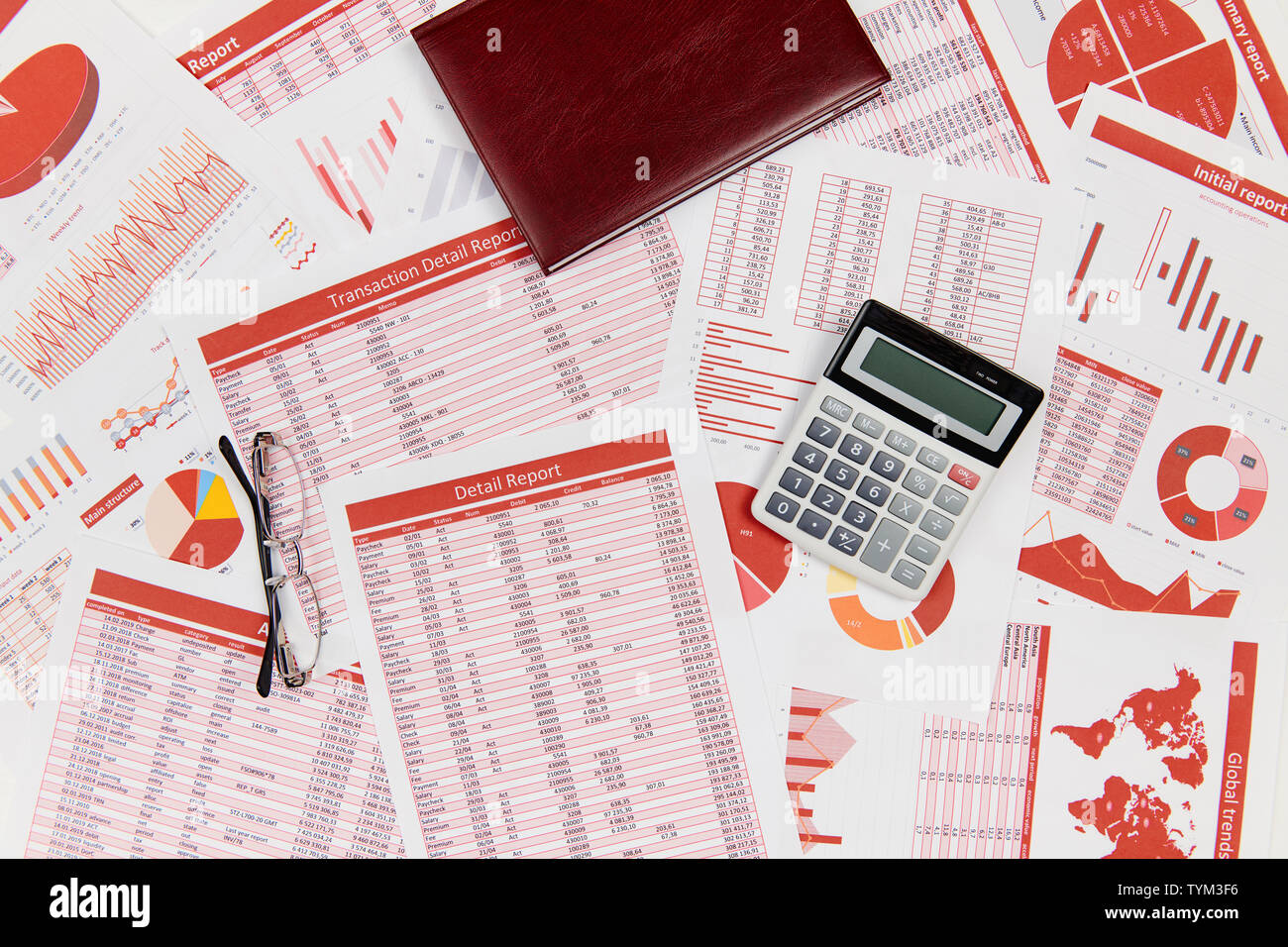 Business reports, data tables and charts - directly above view of ...
