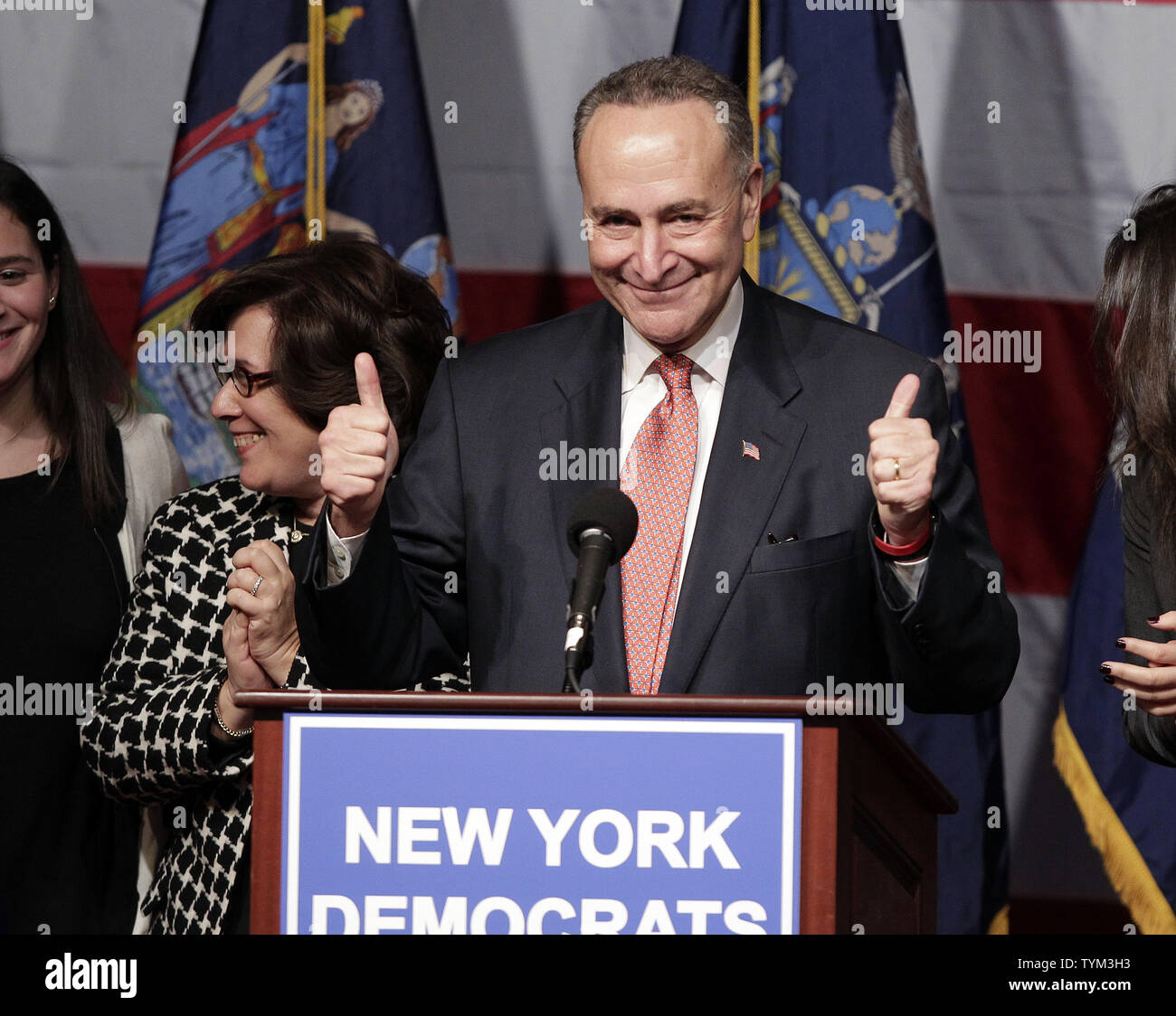 Charles Schumer reacts at the podium after winning his third term in ...