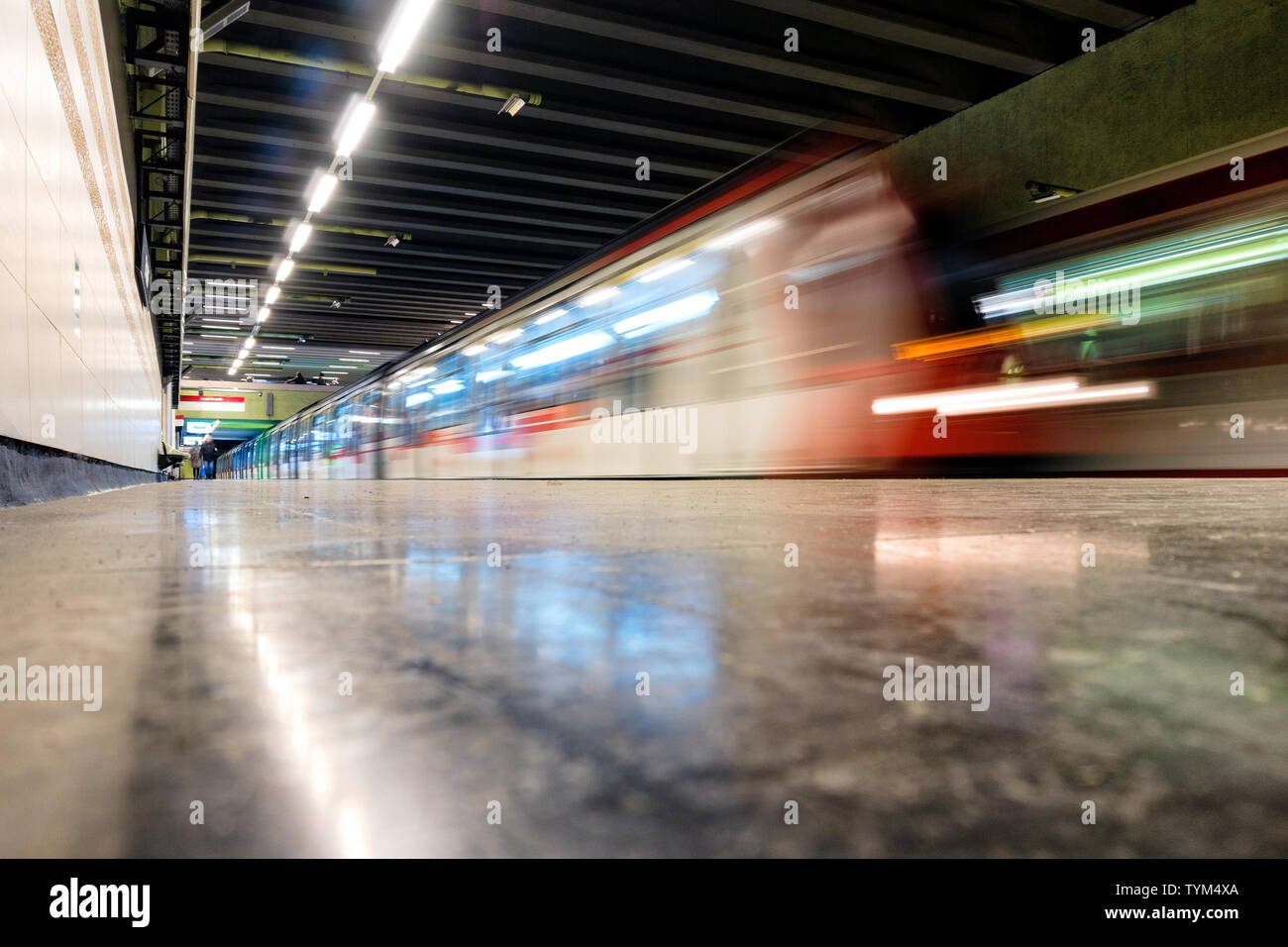 SANTIAGO, CHILE - AUGUST 2015: A branded NS93 Santiago Metro train at ...